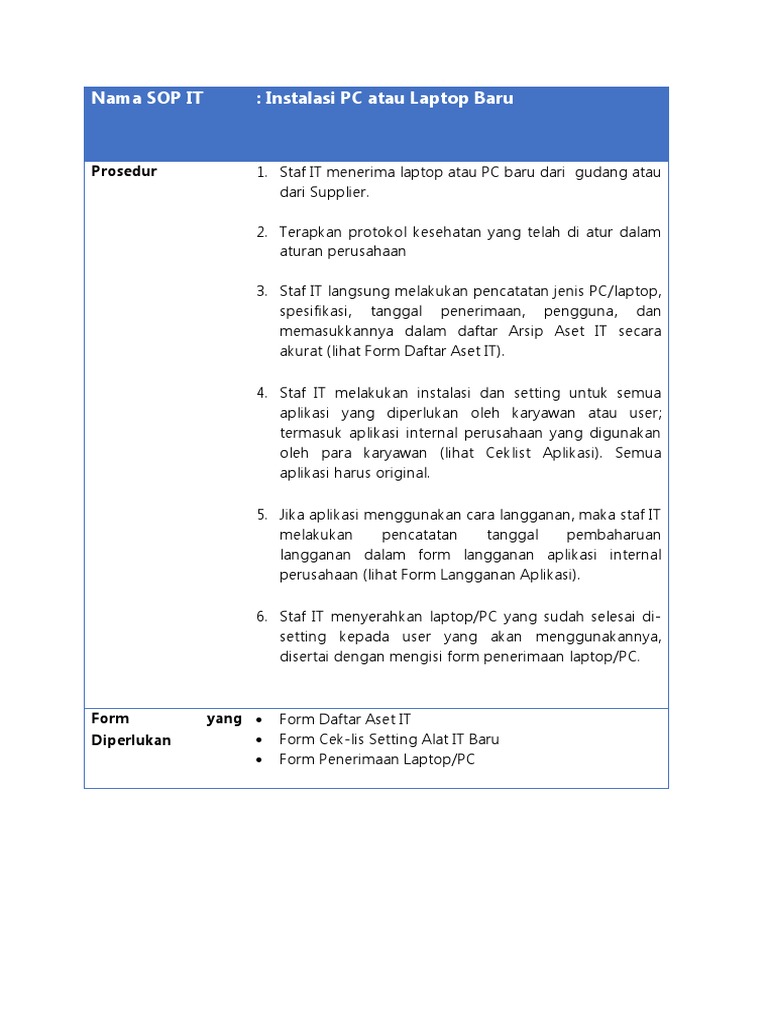 01 SOP Instalasi PC Atau Laptop Baru | PDF