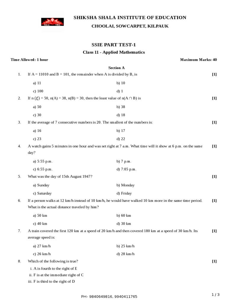 Ssie 11th Applied Maths Test 1 | PDF | Area | Elementary Mathematics