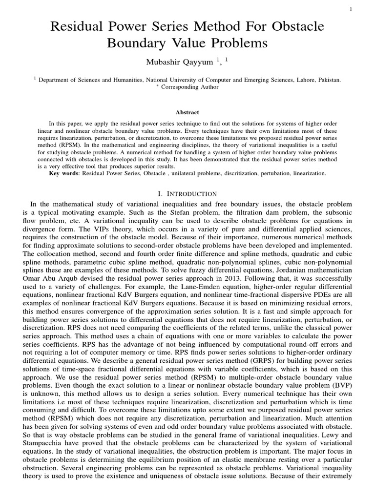 Residual Power Series Method For Obstacle Boundary Value Problems | PDF | Equations ...