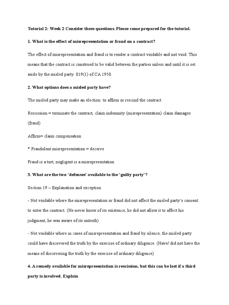 Tutorial 2 - Misrepresentation and Fraud | PDF | Misrepresentation | Damages