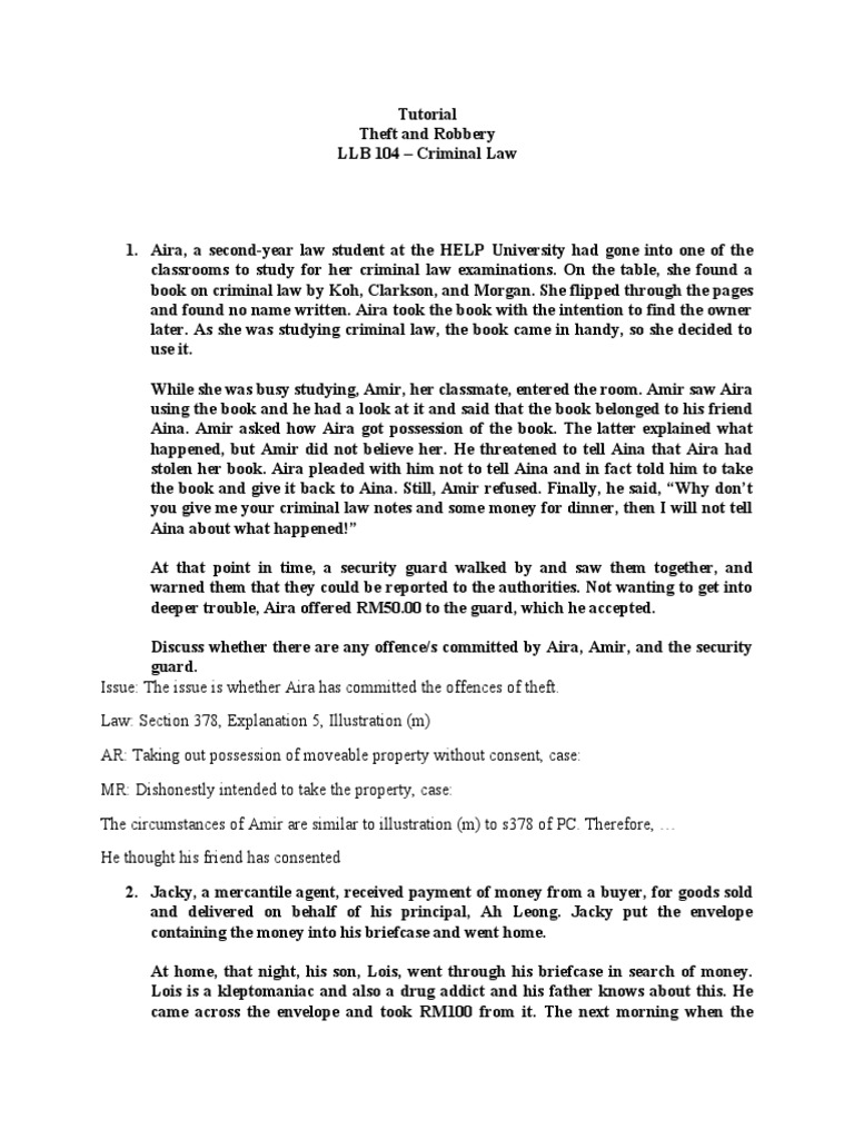 Tutorial 1 Theft, Robbery | PDF | Theft | Robbery
