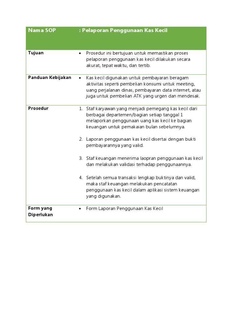 11 SOP Pelaporan Penggunaan Kas Kecil | PDF