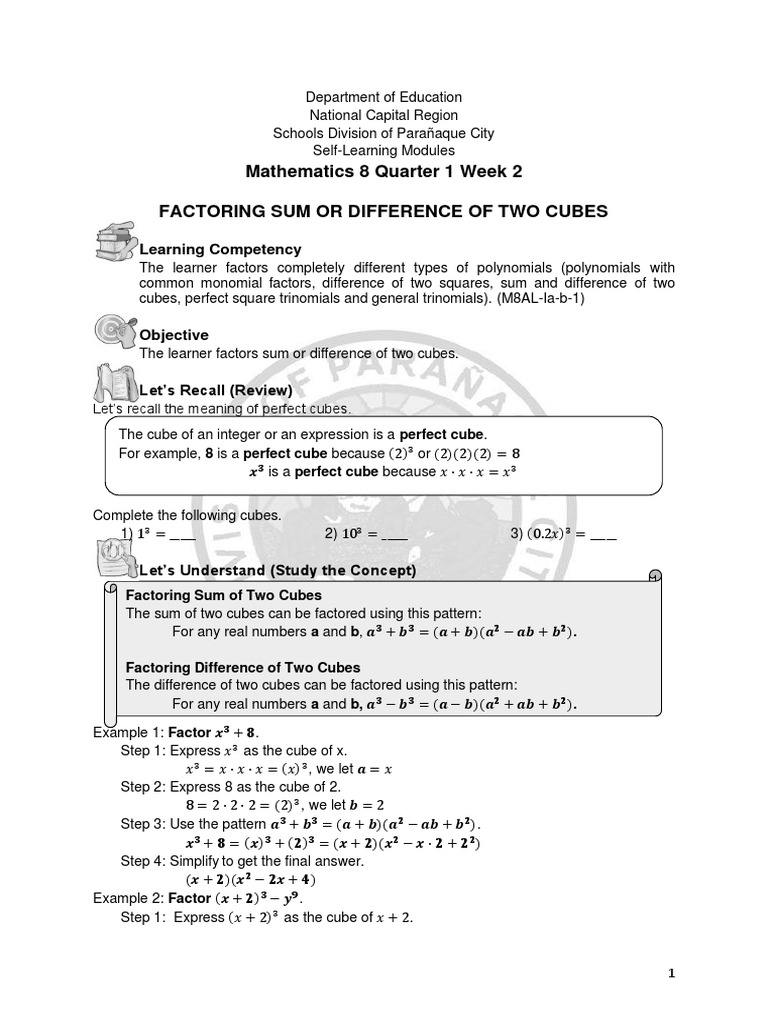 Math8 Quarter1 Week2 Module2 | PDF | Factorization | Polynomial