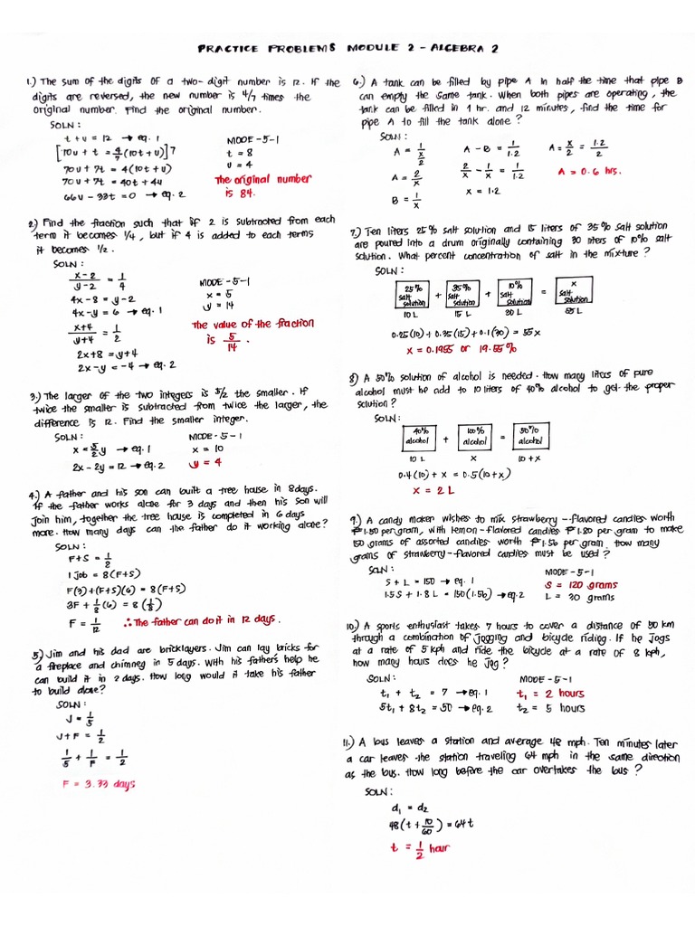 Algebra Worded Problems Practice Problems With Solutions | PDF
