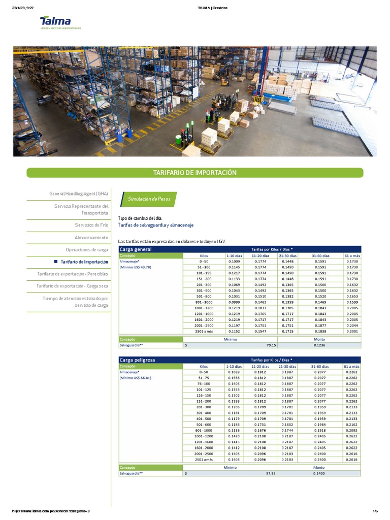 Tarifas y Servicios de Talma | PDF