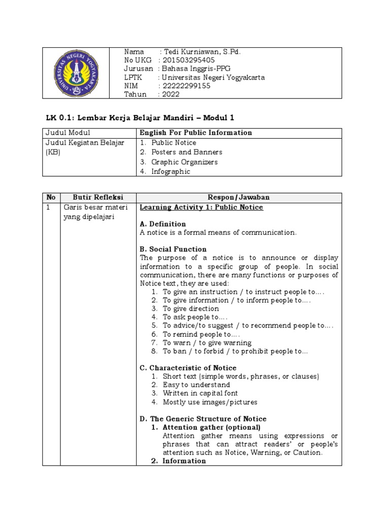 LK 0.1 Lembar Kerja Belajar Mandiri Modul Bahasa Inggris 1 Tedi ...