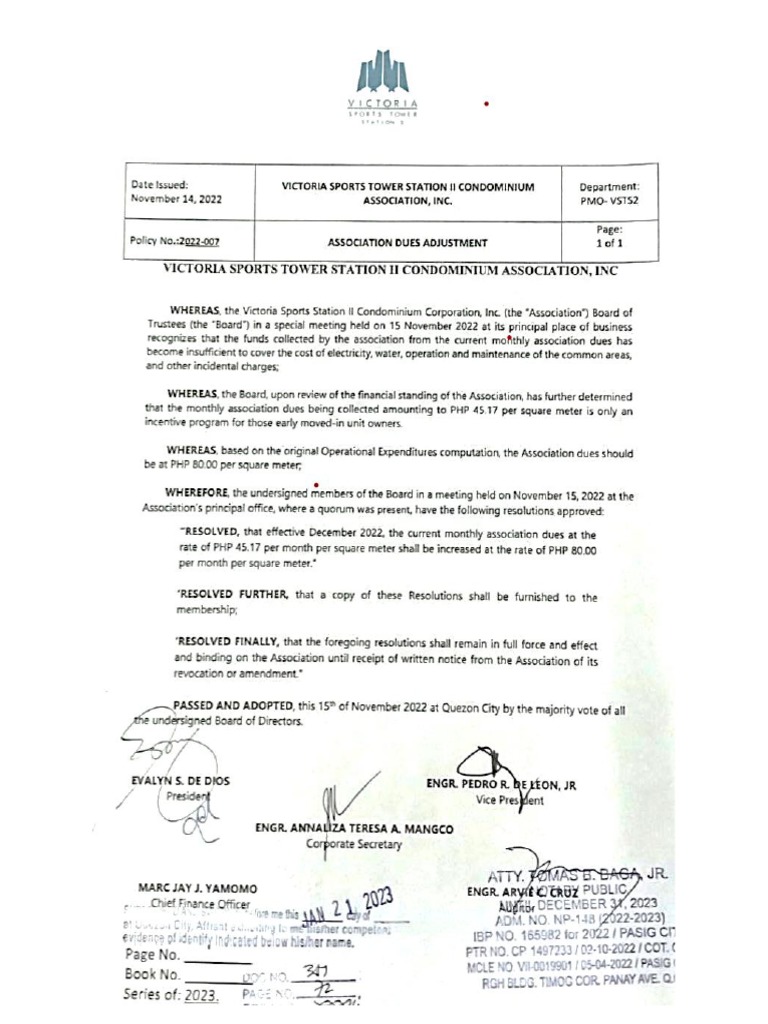 Board Resolution Increase Assoc Dues | PDF