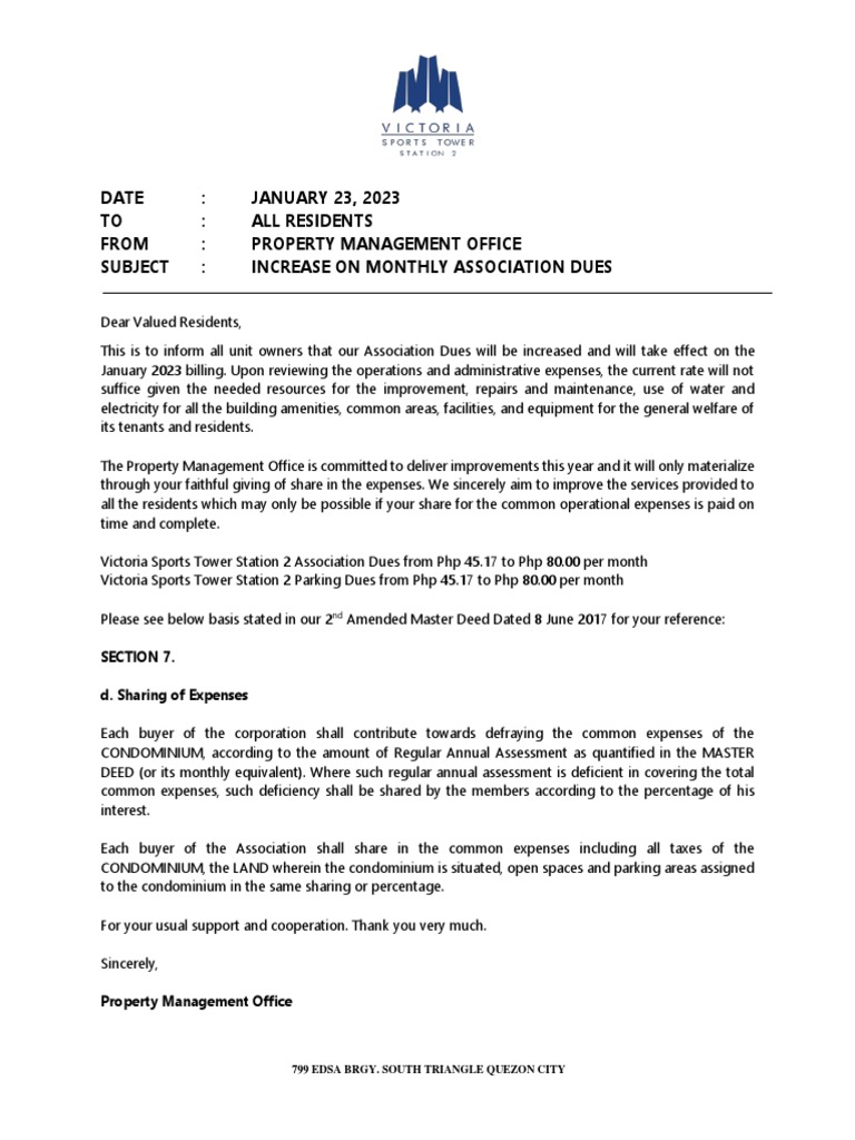VS2 Notice Increase On Monthly Association Dues | PDF