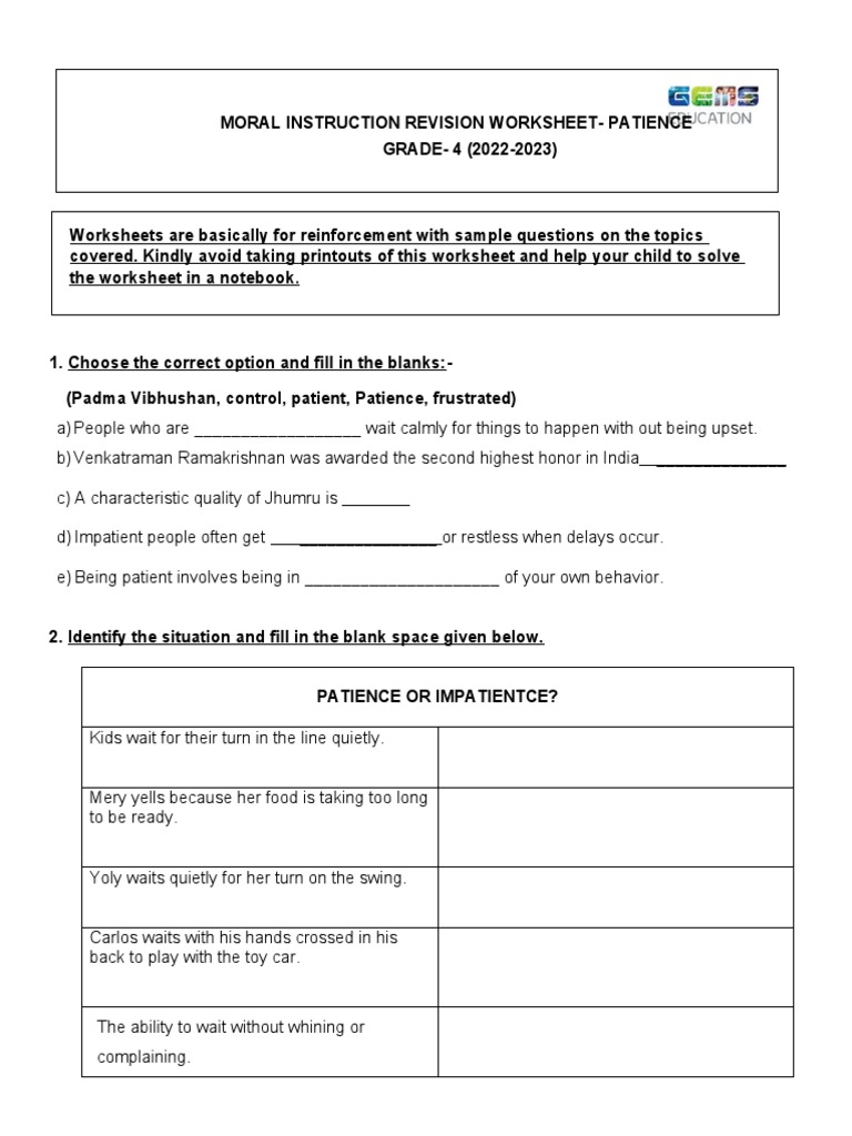 Grade 4 - Patience Revision Worksheet - 2022-23 CRP | PDF | Behavioural Sciences | Behavior ...