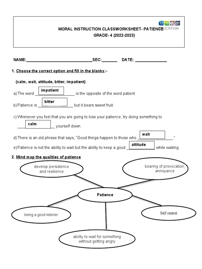 Answer Key - Grade 4 - Patience Class Worksheet - 2022-23 | PDF ...