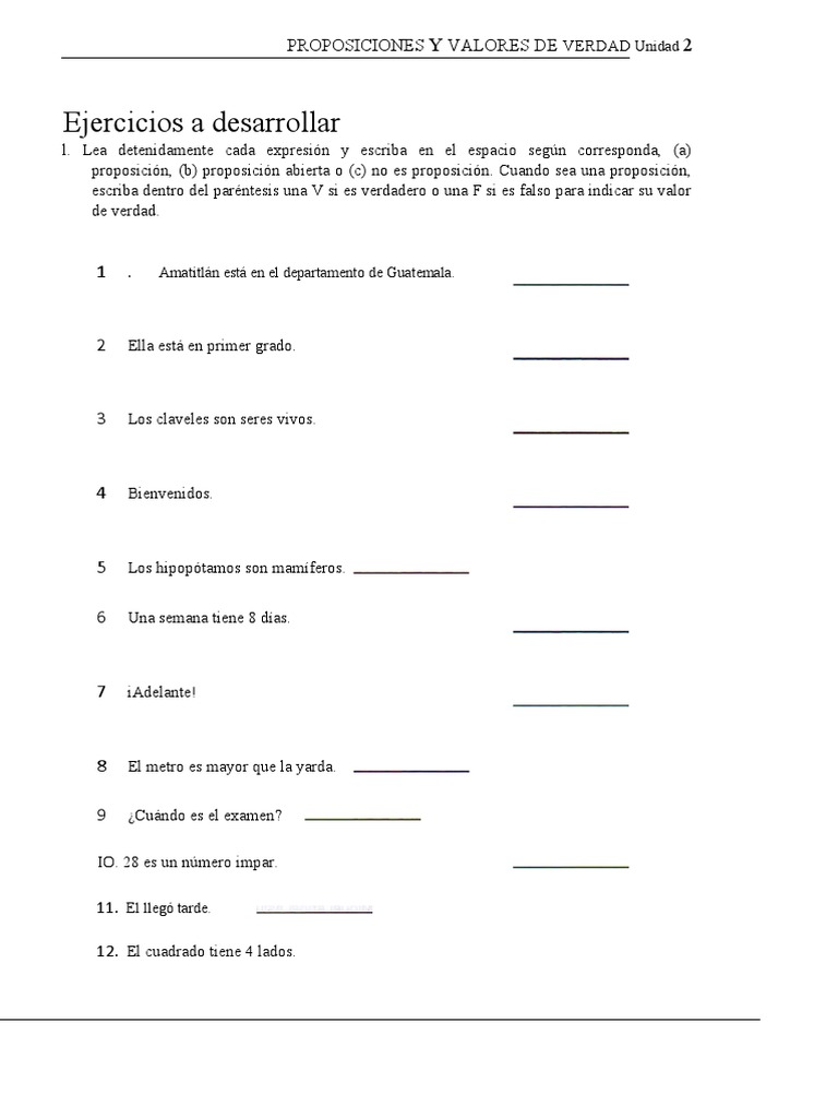 Ejercicios A Desarrollar: Proposiciones Valores de | PDF | Proposición ...