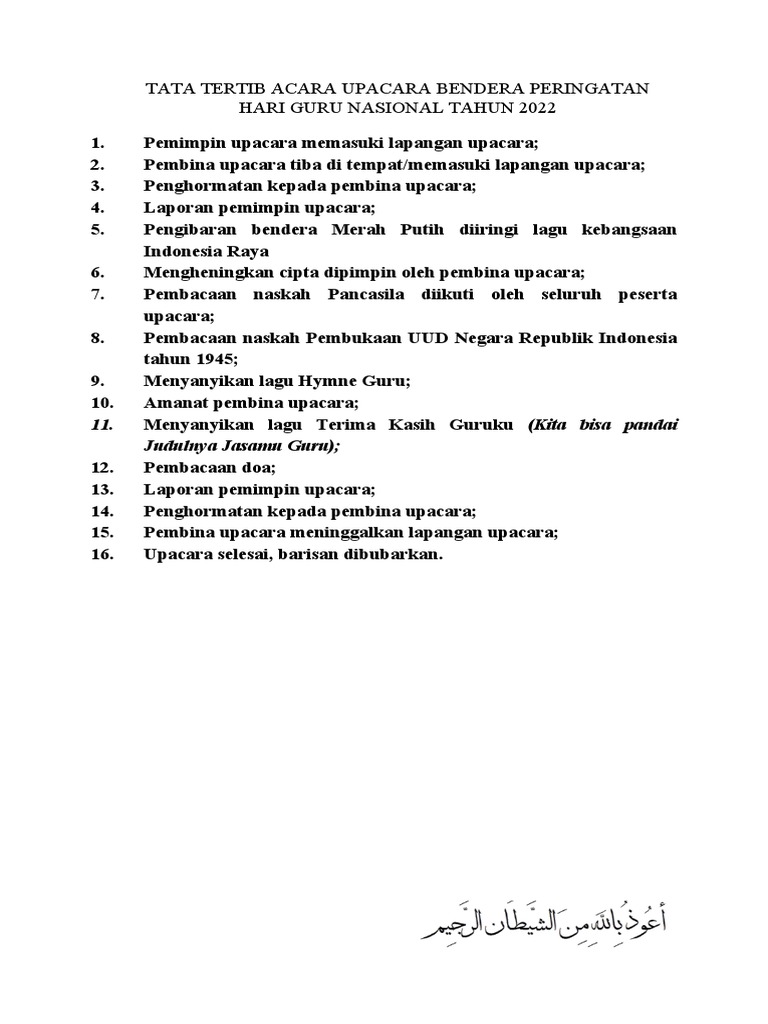Tata Tertib Acara Upacara Bendera Peringatan Hari Guru 202 | PDF