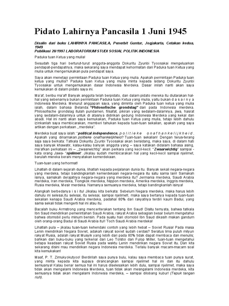 Pidato Lahirnya Pancasila 1 Juni 1945 | PDF | Politik