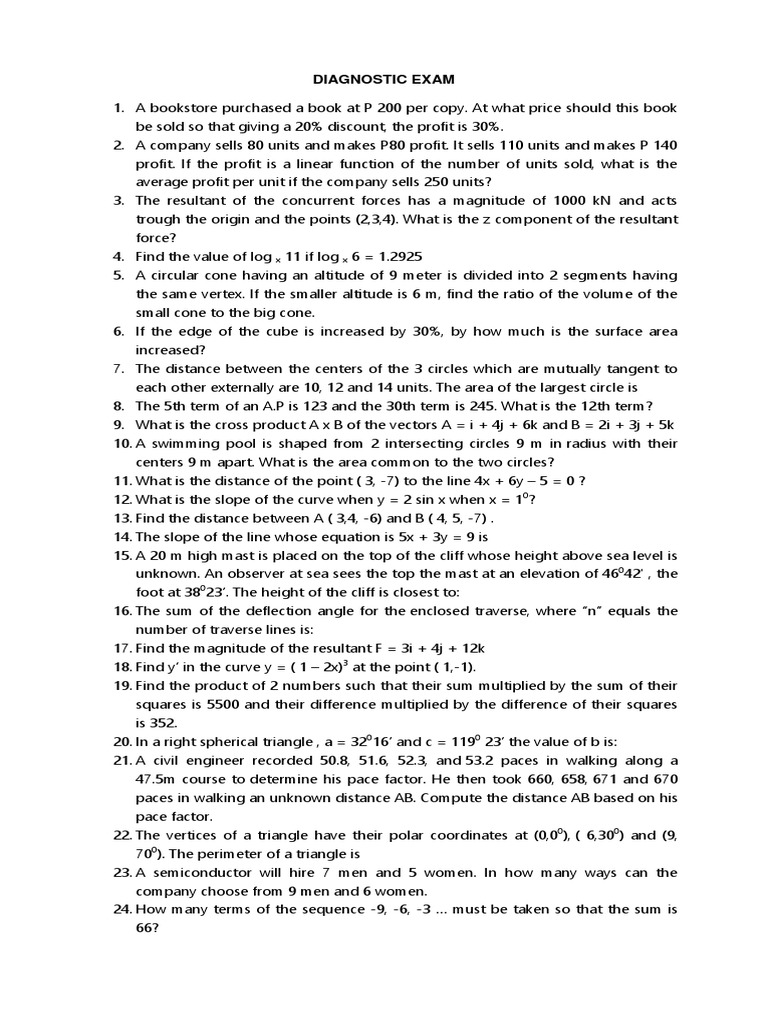 MSTE DIAGNOSTIC EXAM (Civil Engineering) | PDF | Triangle | Area