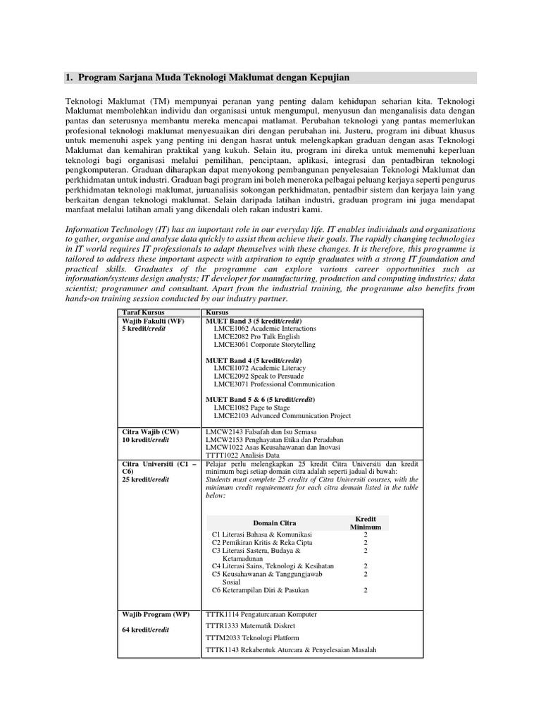 Struktur Program Sarjana Muda Teknologi Maklumat Dengan Kepujian 2022 - 2023 | PDF