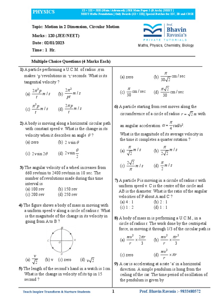 11 TH STD Motion in 2 Dimension, Circular Motion Jee-Neet MCQ Test ...