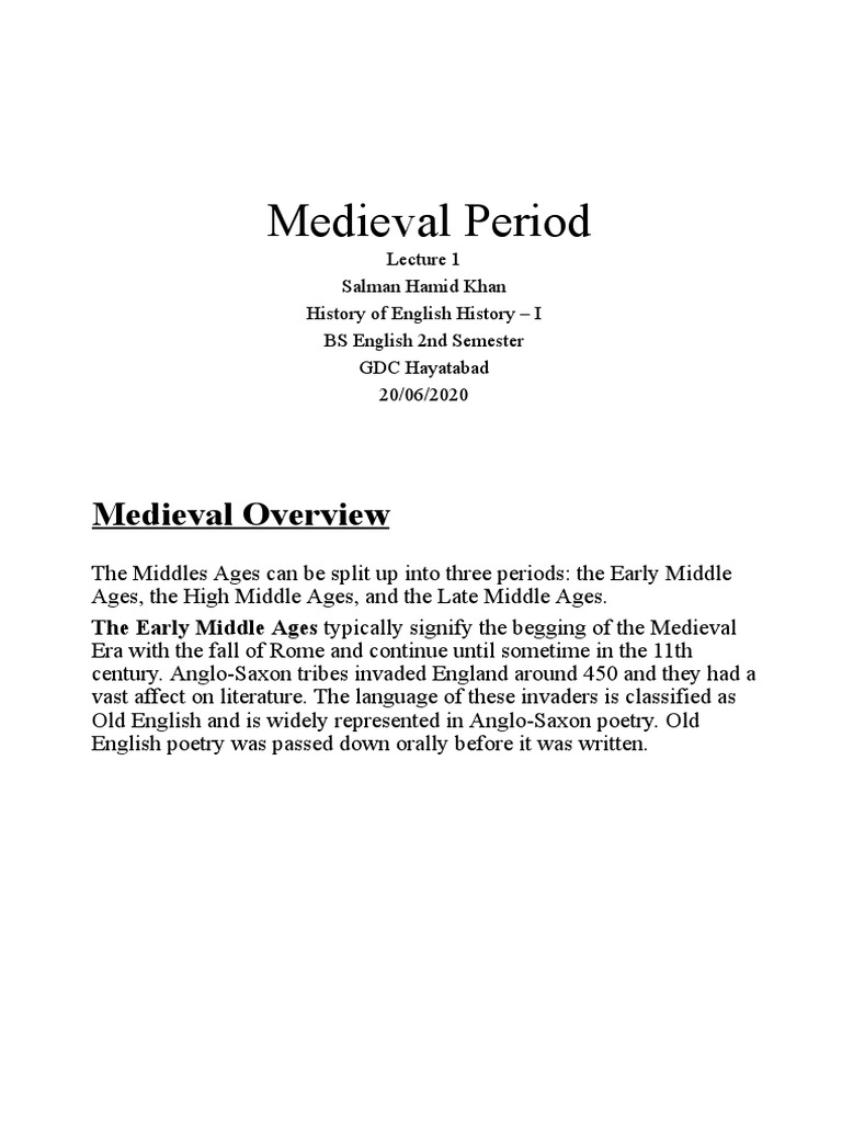Lecture 1 Medieval Period | PDF | Middle Ages