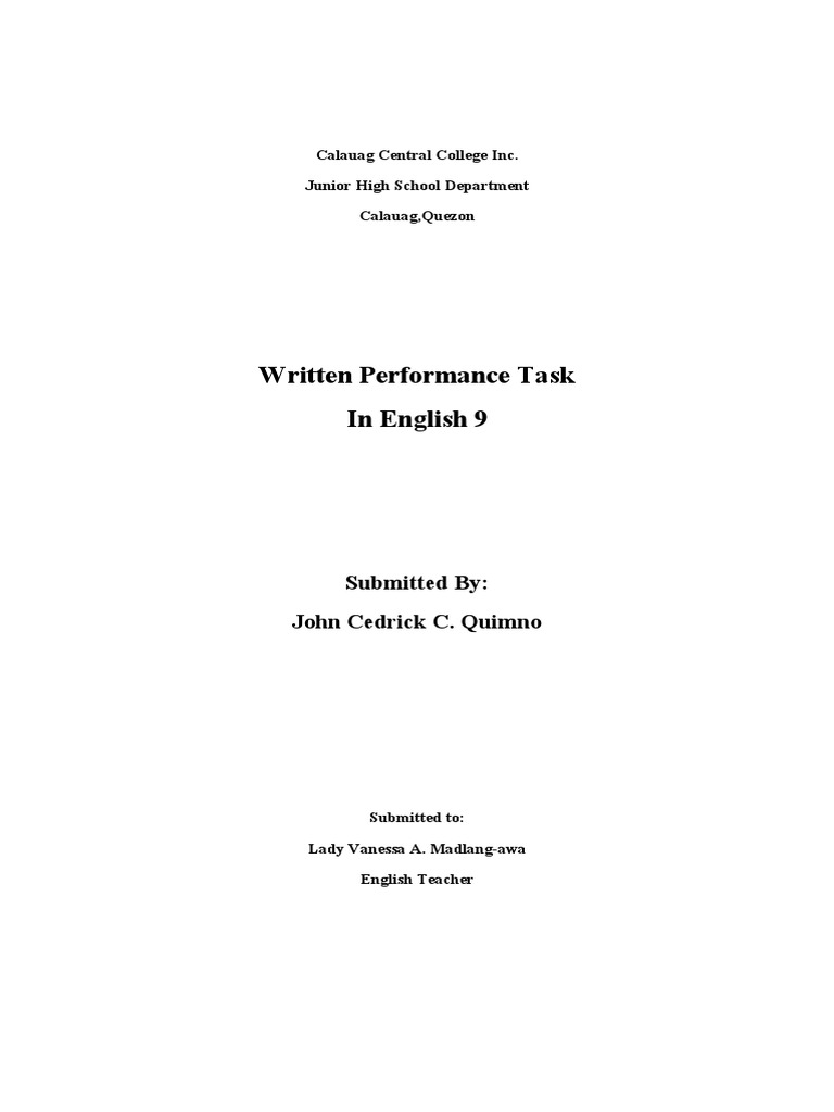 Written Performance Task in English 9 | PDF | Wellness