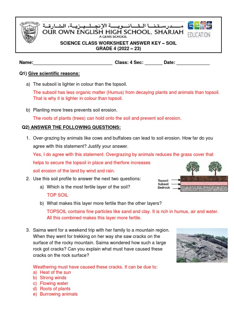 GR 4 - CLASS WORKSHEET ANSWER KEY - SOIL - 2022 - 23 | PDF | Soil | Topsoil