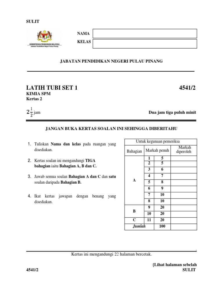 Kimia K2 Set 1 JPNPP 2022 | PDF