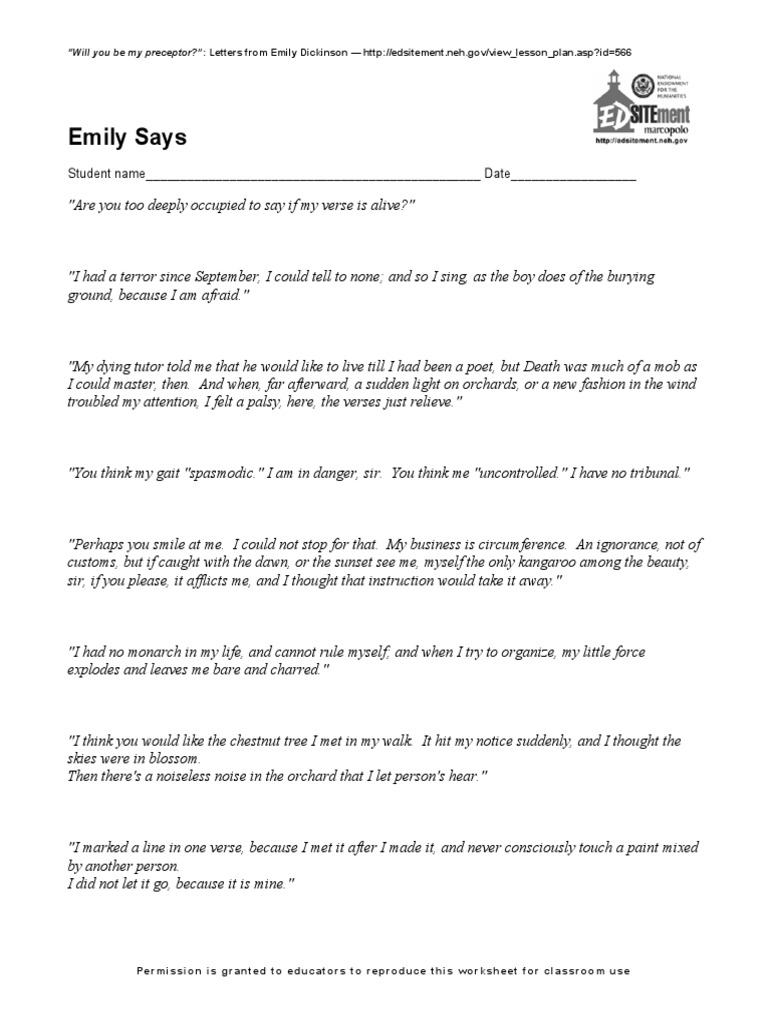 Letters From Emily Dickinson - Emily Says Worksheet | PDF
