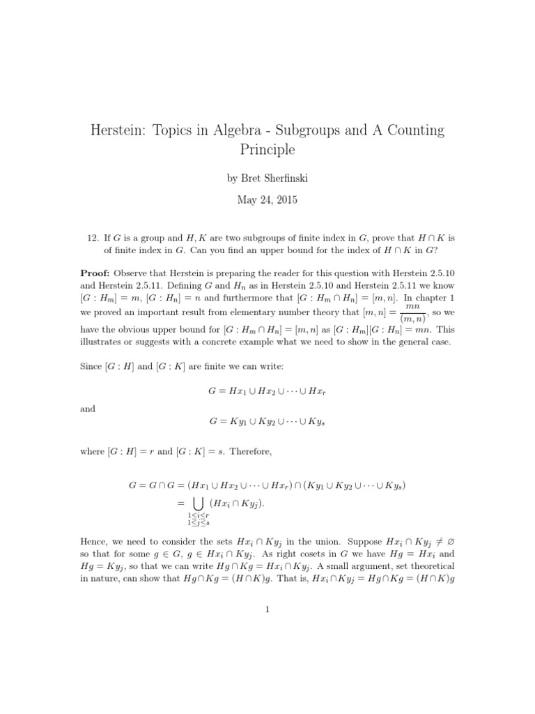 Herstein: Topics in Algebra - Subgroups and A Counting Principle | PDF ...