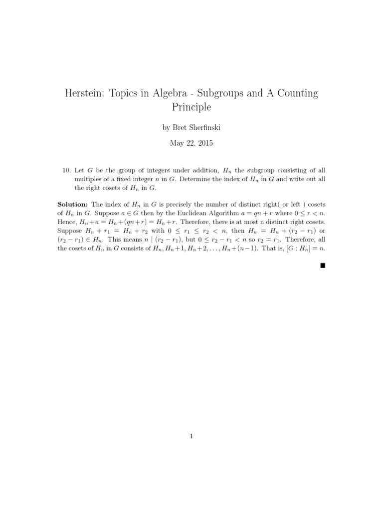 Herstein Topics In Algebra Subgroups And A Counting Principle PDF