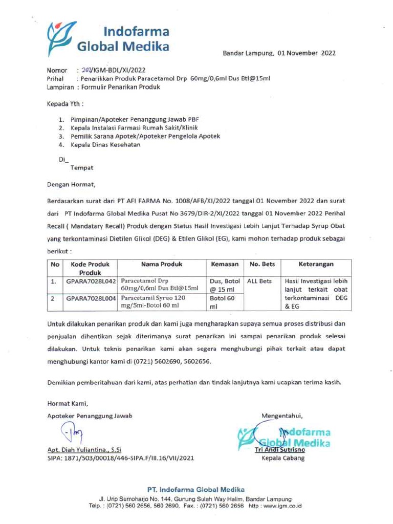 Surat Recall PCT Drop AFI | PDF
