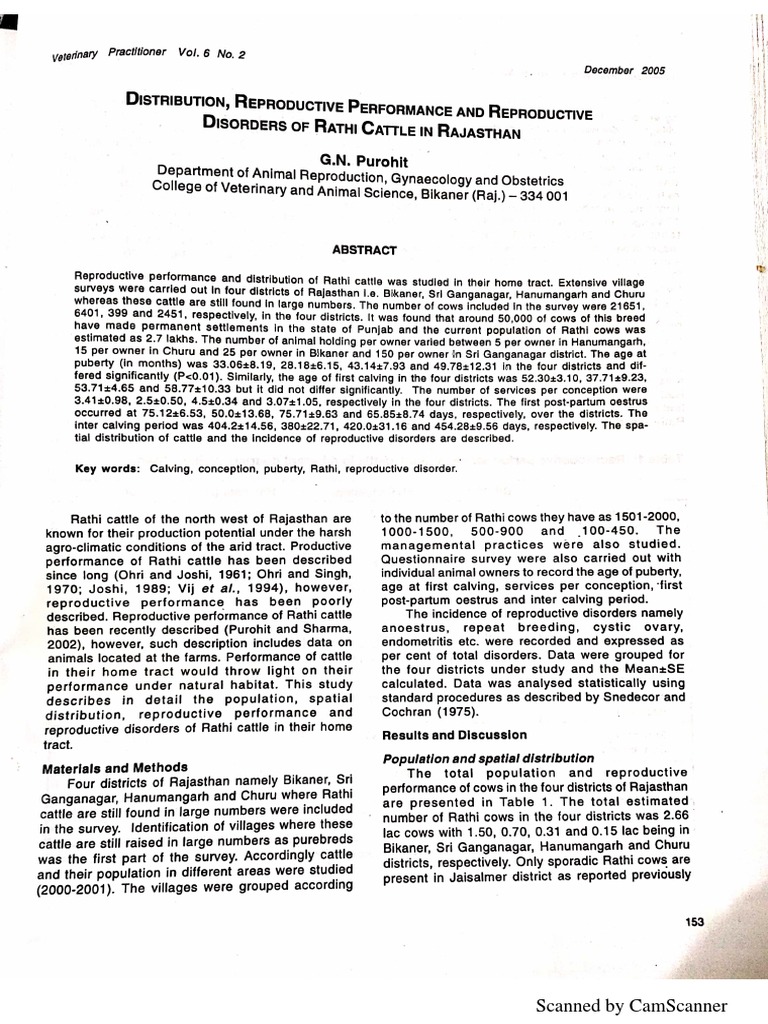 Distribution, Reproductive and Productive Performance of Rathi Cattle | PDF
