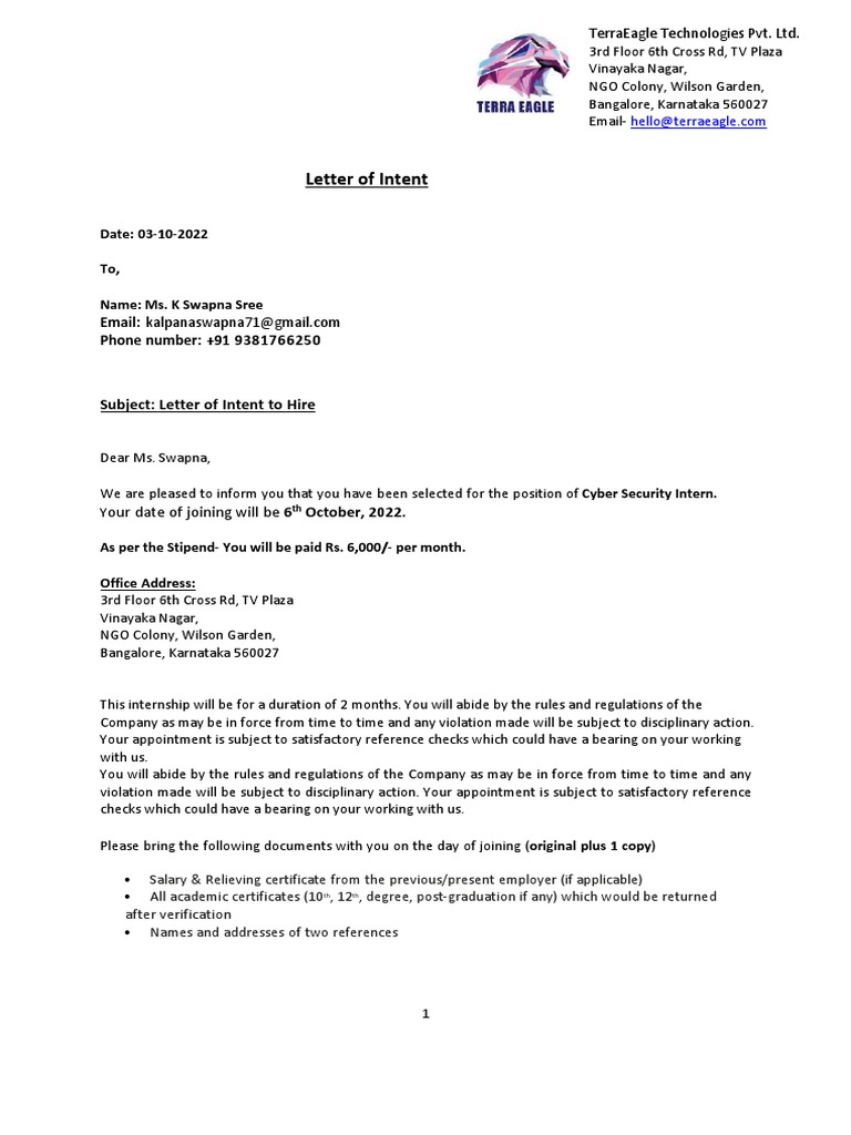 Letter of Intent Offering an Internship Position for Cyber Security to ...
