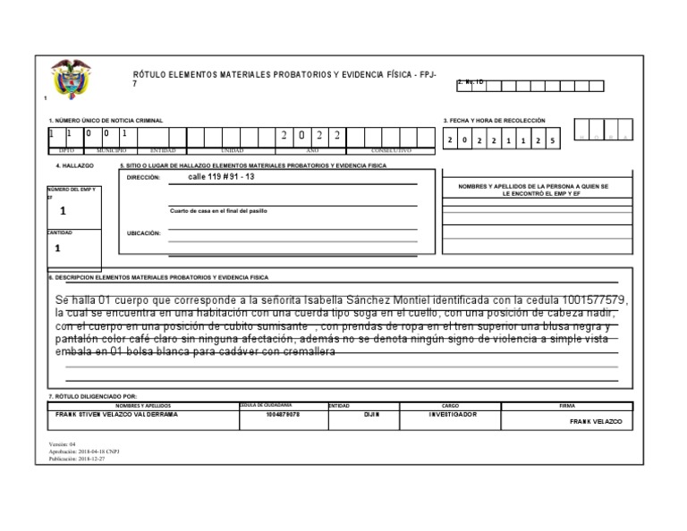 Rótulo Elementos Materiales Probatorios Y Evidencia Física - Fpj-7 | PDF