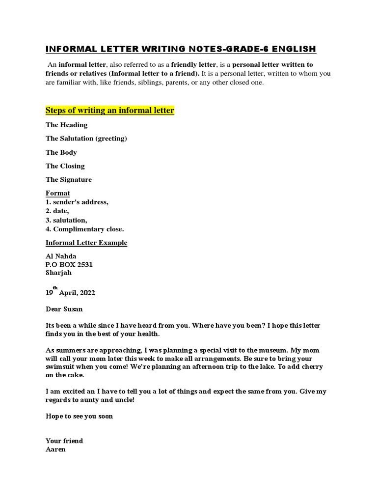 Informal Letter Writing Notes-Gr-6 | PDF
