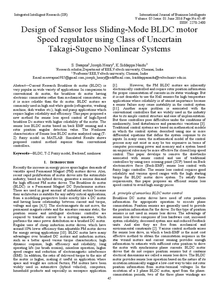 Design Of Sensor Less Sliding Mode Bldc Motor Speed Regulator Using Class Of Uncertain Takagi 