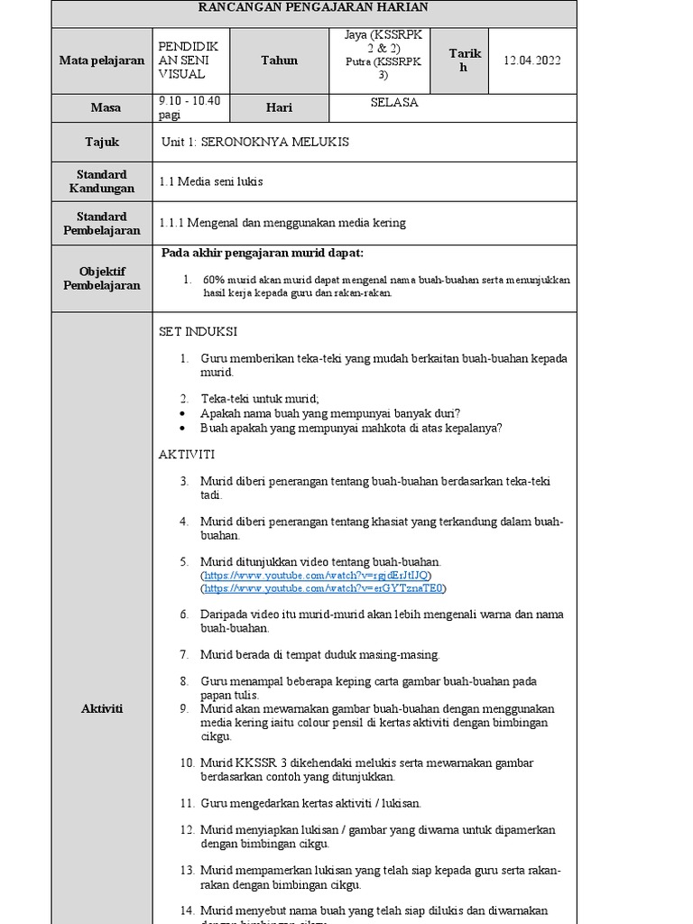 Pendidikan Seni Visual Lesson Plan (12 April 2022) | PDF