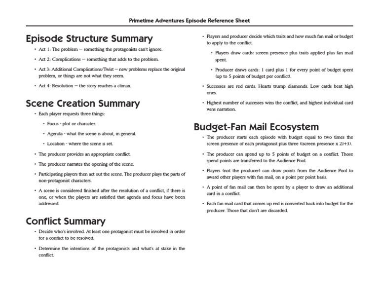 Primetime Adventures 2e - Episode Reference Sheet | PDF