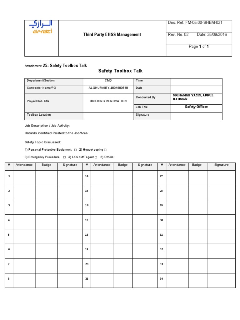 Safety Tool Box Talk | PDF | Labor Relations | Industrial Relations