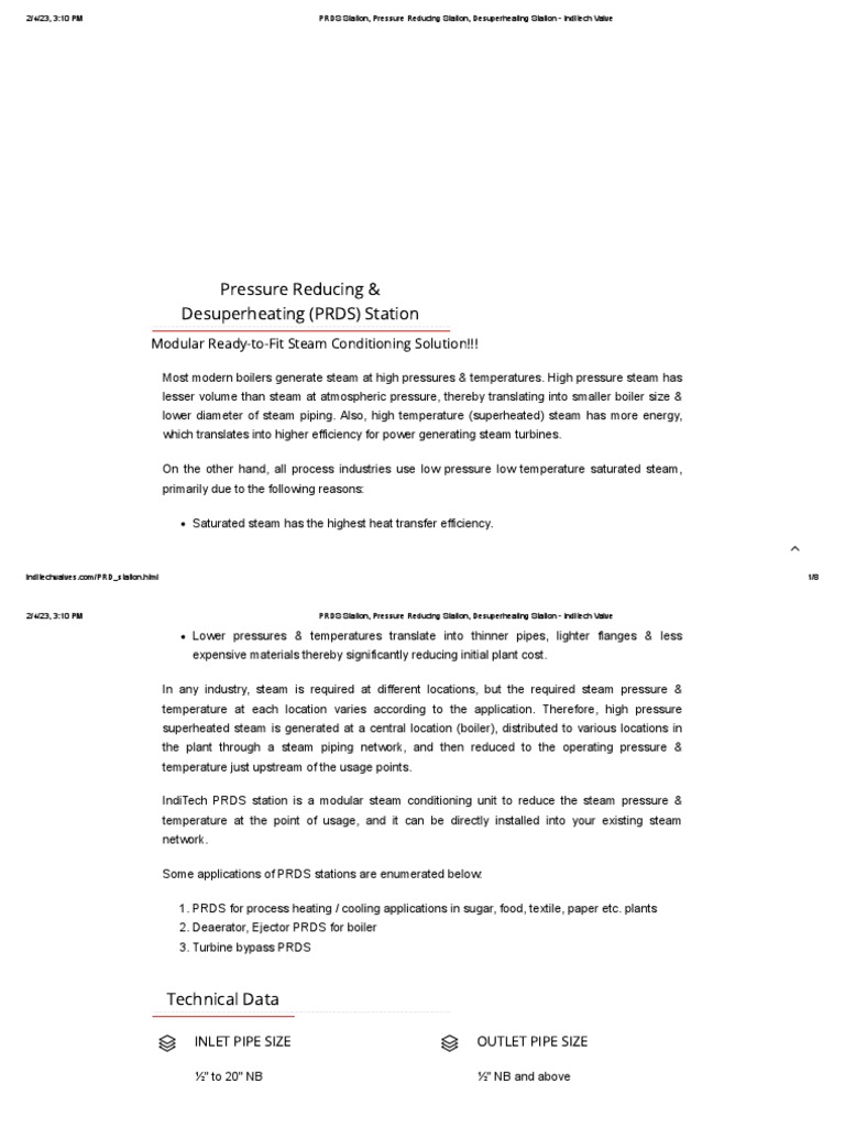 PRDS Station, Pressure Reducing Station, Desuperheating Station - Inditech Valve | PDF | Boiler ...