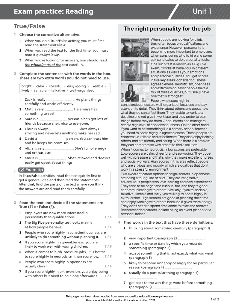 B1PLUS U1 Exam Practice Reading | PDF | Extraversion And Introversion | Psychology