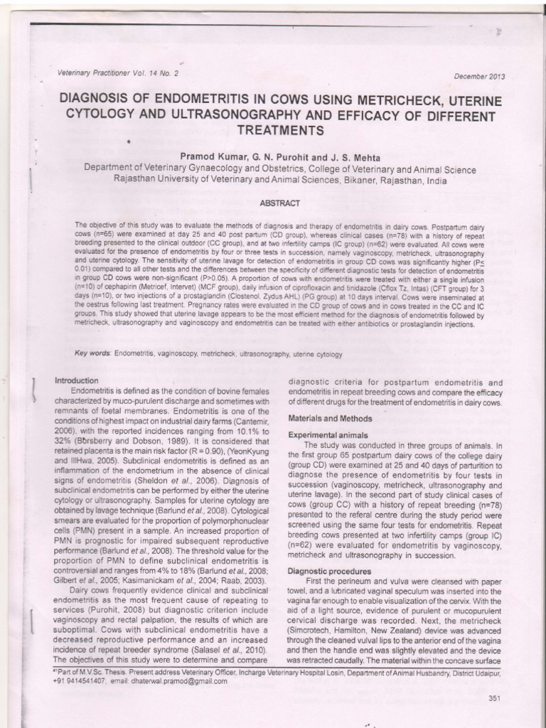 Diagnosis of Endometritis in Cows Using Metricheck, Uterine Cytology ...