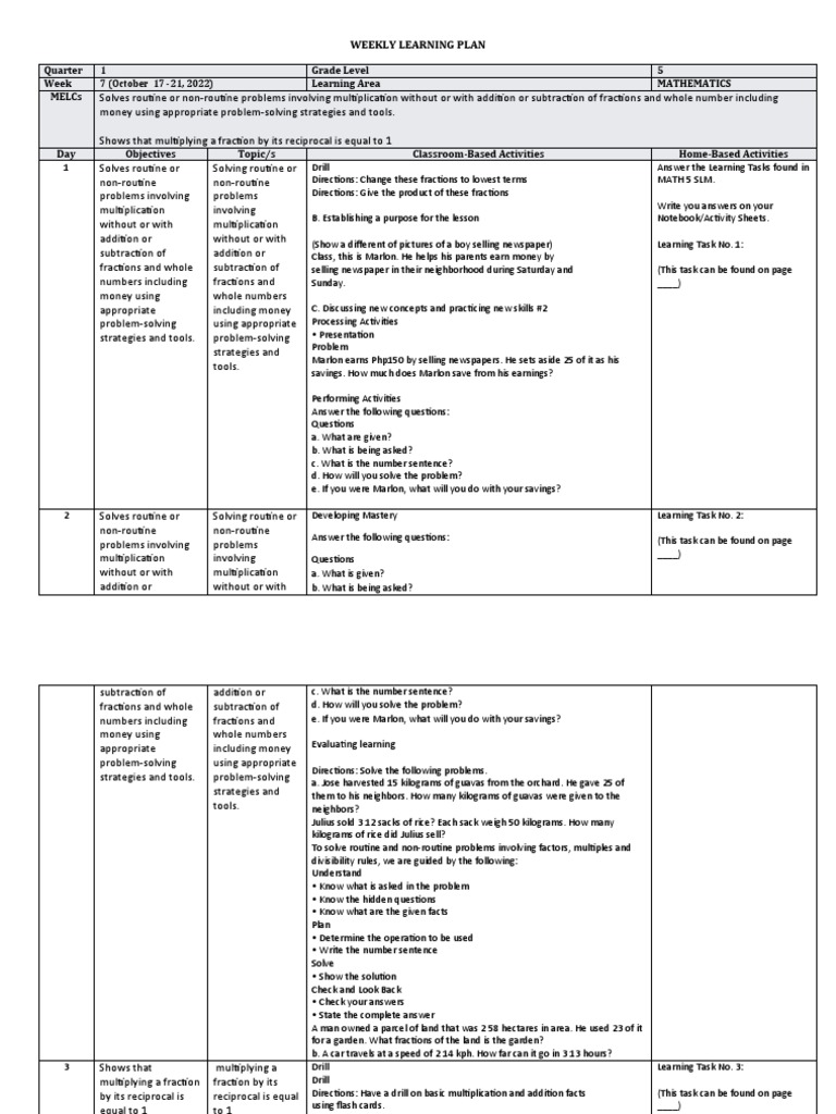 WLP Mathematics-5 Q1 W7 | PDF | Multiplication | Learning