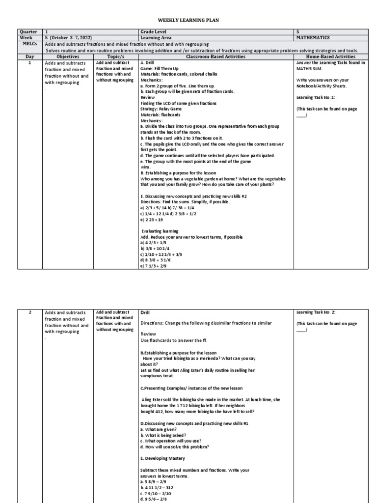 WLP Mathematics-5 Q1 W6 | PDF | Learning | Cognitive Science