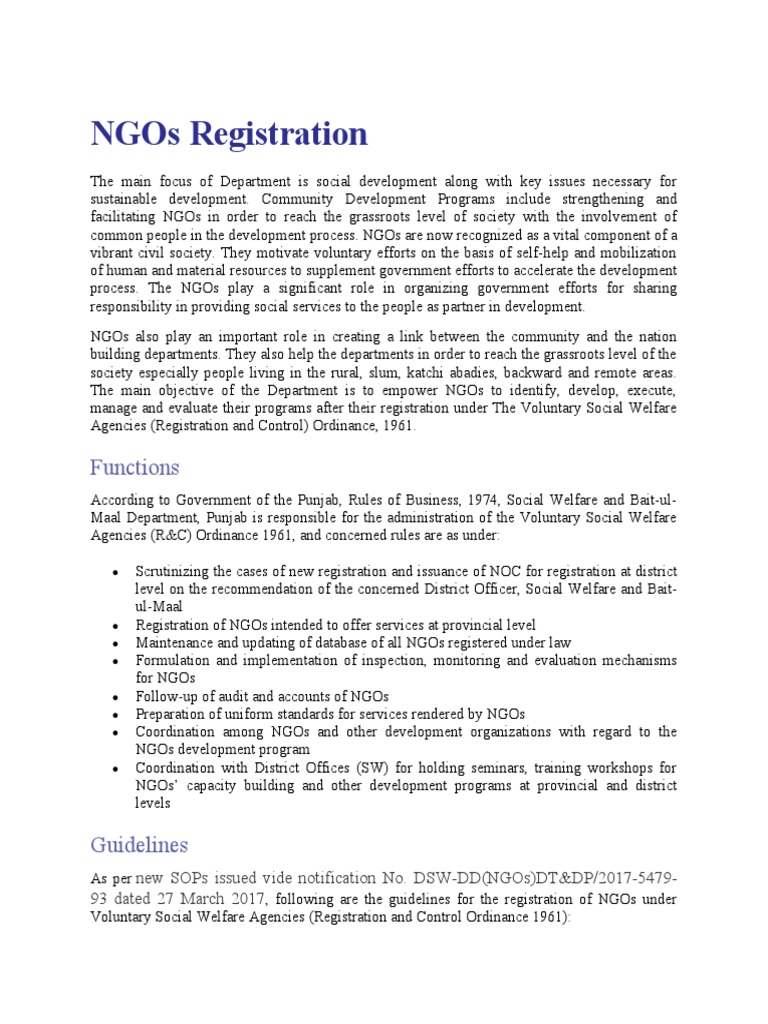 Ngos Registration: Functions | PDF | Non Governmental Organization | Banks