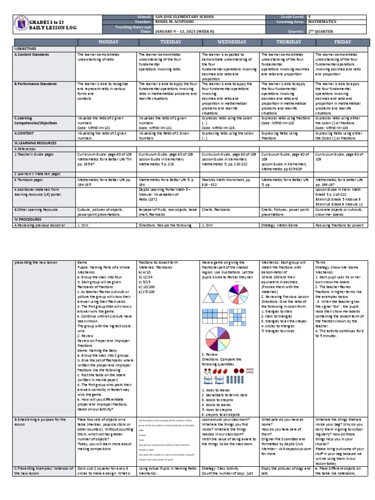 Grade 5 Math Lesson Plan: Ratios | PDF | Ratio