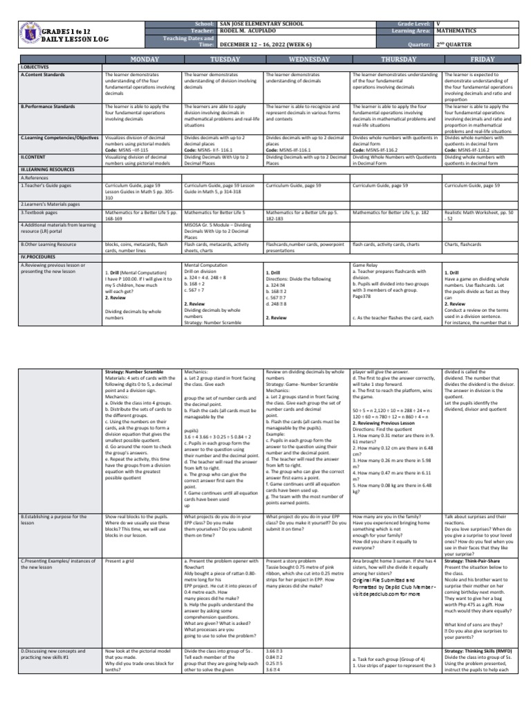 DLL - Mathematics 5 - Q2 - W6 | PDF | Division (Mathematics) | Flashcard