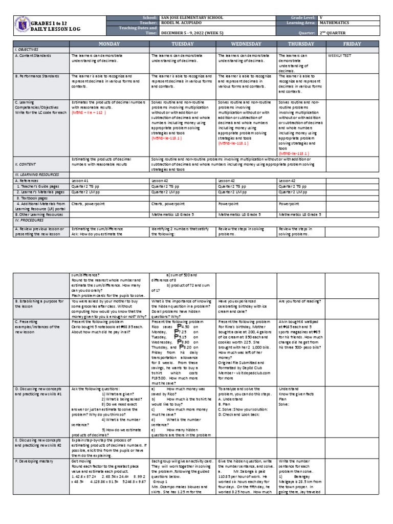 DLL - Mathematics 5 - Q2 - W5 | PDF | Learning | Mathematics
