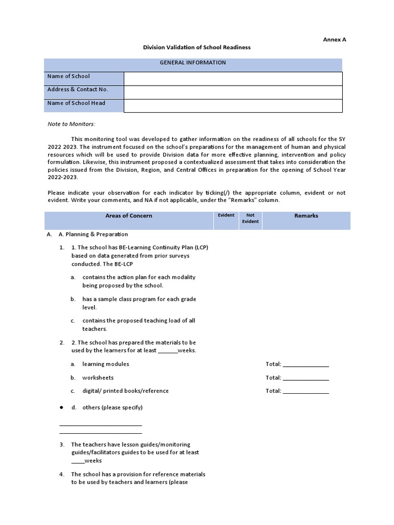 School Readiness Assessment Tool 2022-2023 | PDF | Teachers ...