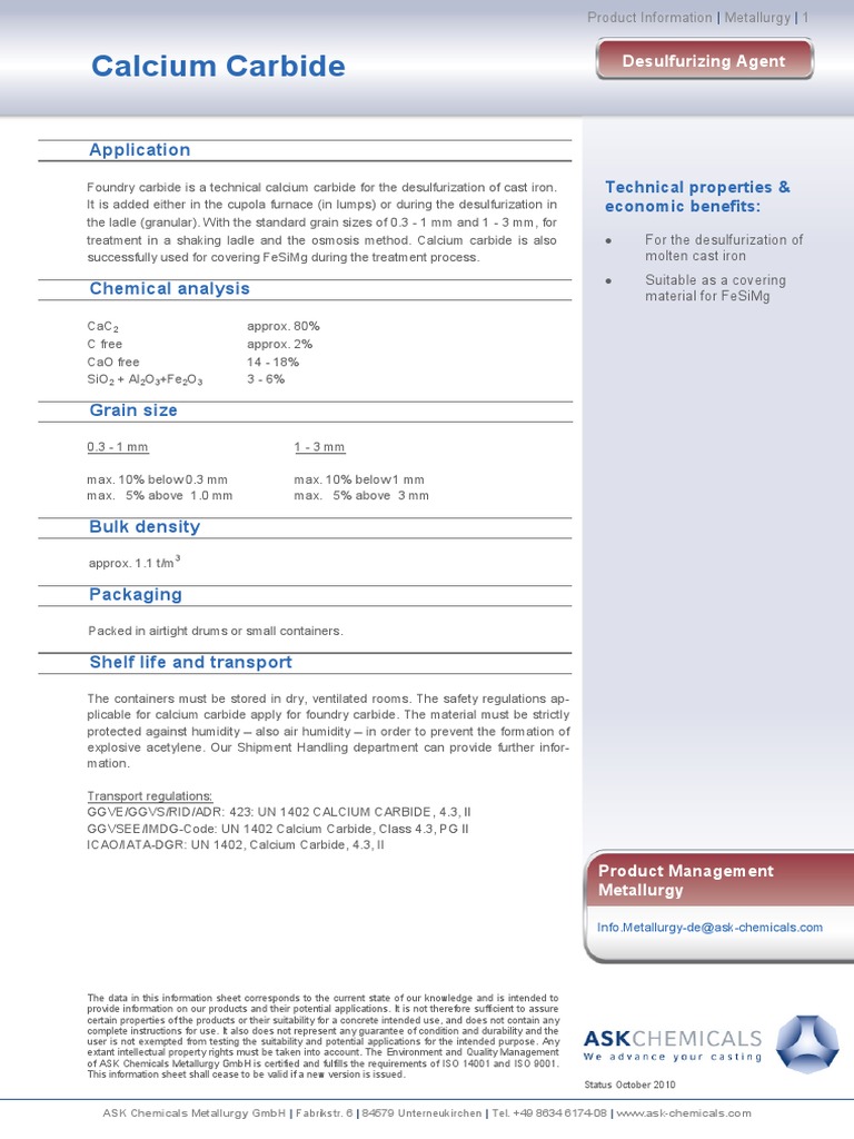 Calciumcarbid - Desulphuriztion Agent Eng Data Sheet | PDF | Foundry ...