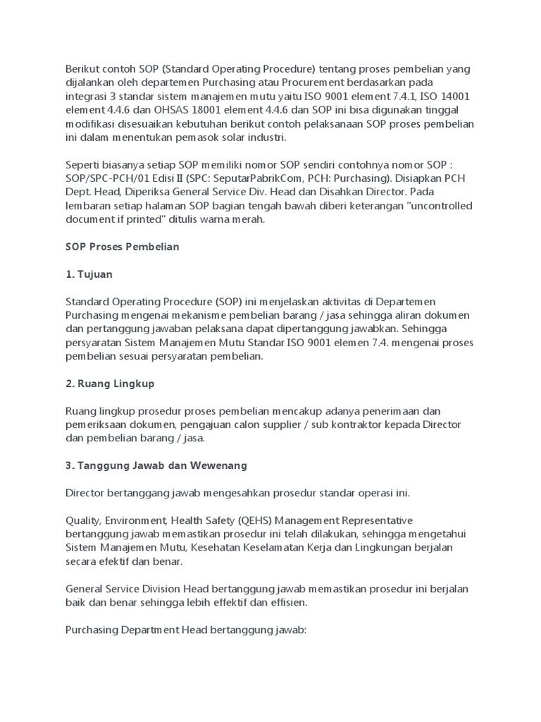 Berikut Contoh SOP Procurement | PDF