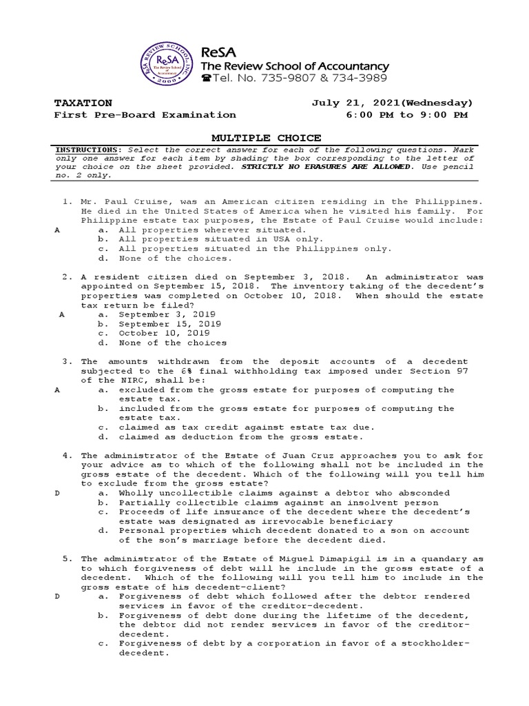 ReSA B42 TAX First PB Exam - Questions, Answers - Solutions | PDF ...