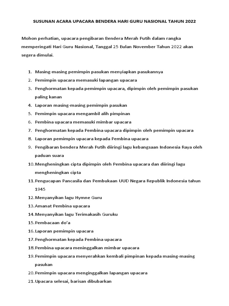 Susunan Acara Upacara Bendera Hari Guru Nasional Tahun 2022 | PDF